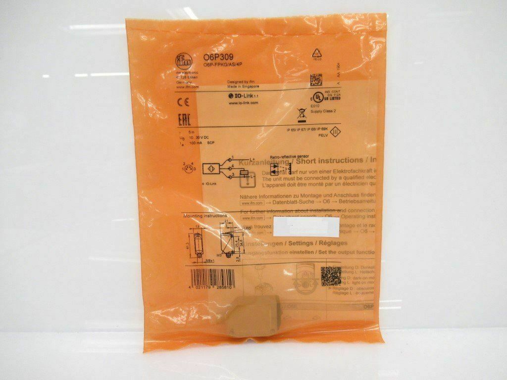 Ifm Electronic O6P309 O6P-FPKG/AS/4P Retro-Reflective Sensor, M8, PNP ...