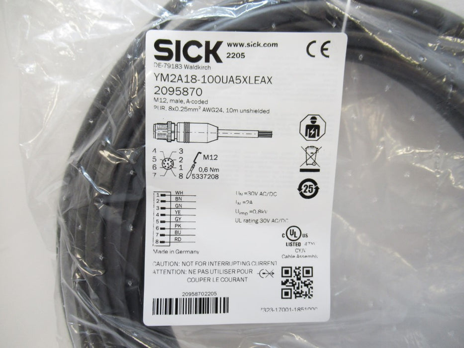 YM2A18-100UA5XLEAX Sick, Cable, M12, Male, A-Coded, AWG24 ...