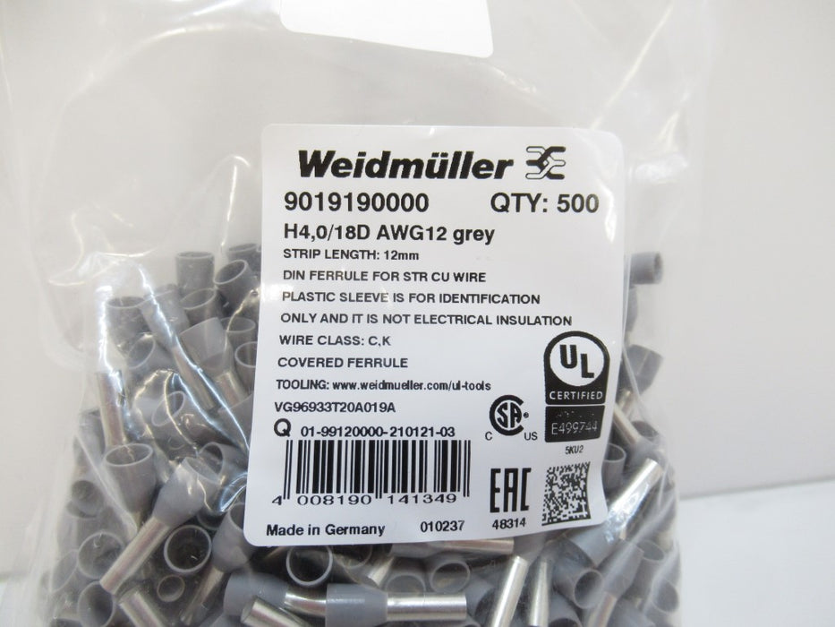 Weidmuller 9019190000 Wire End Ferrule Type H4,0/18D GR, Pack Of 500 ...