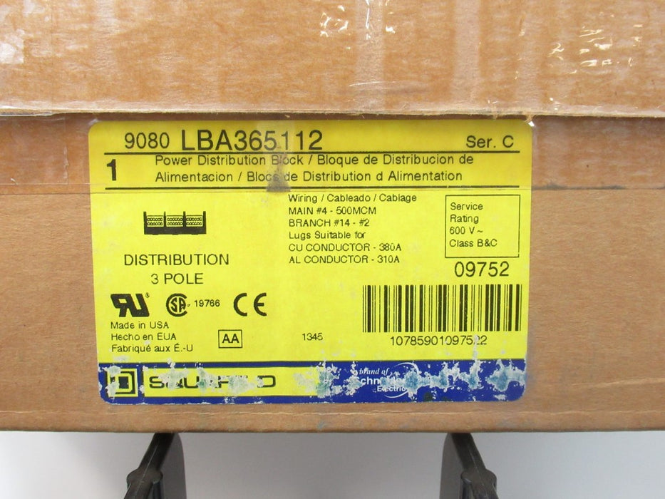 Square D 9080LBA365112 Power Distribution Block 3 Pole 1 Line 12 Load ...