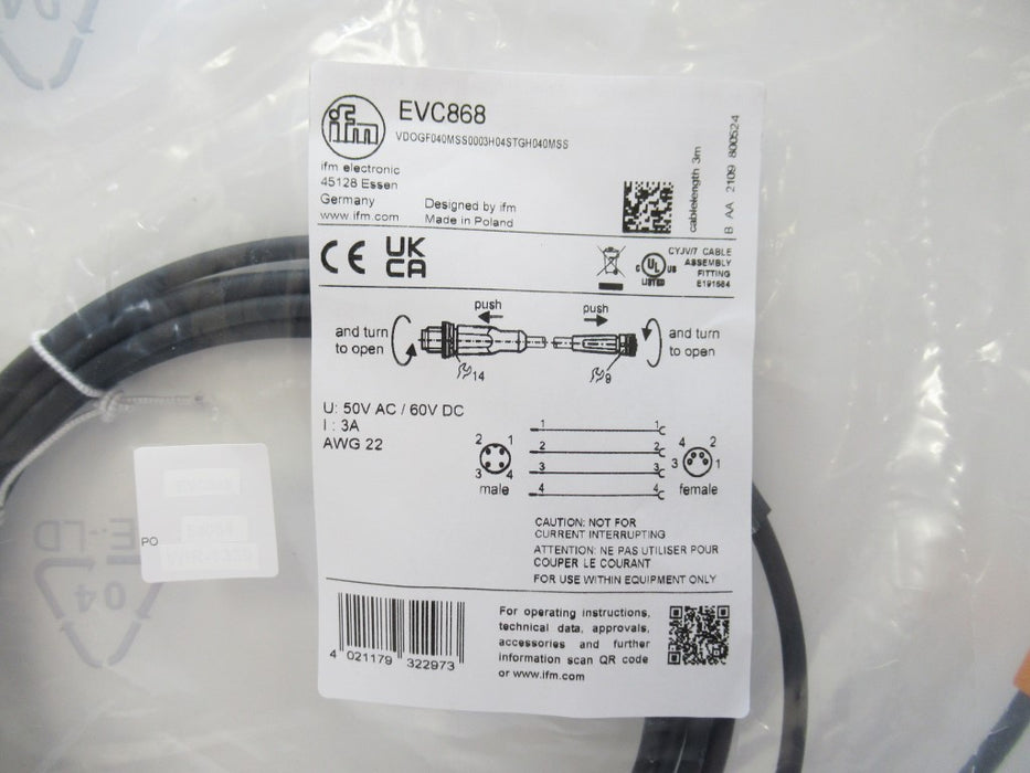 Ifm Electronic EVC868 Connection Cable For Sensors, 4-Pin AWG 22 — industrialautomationparts.com