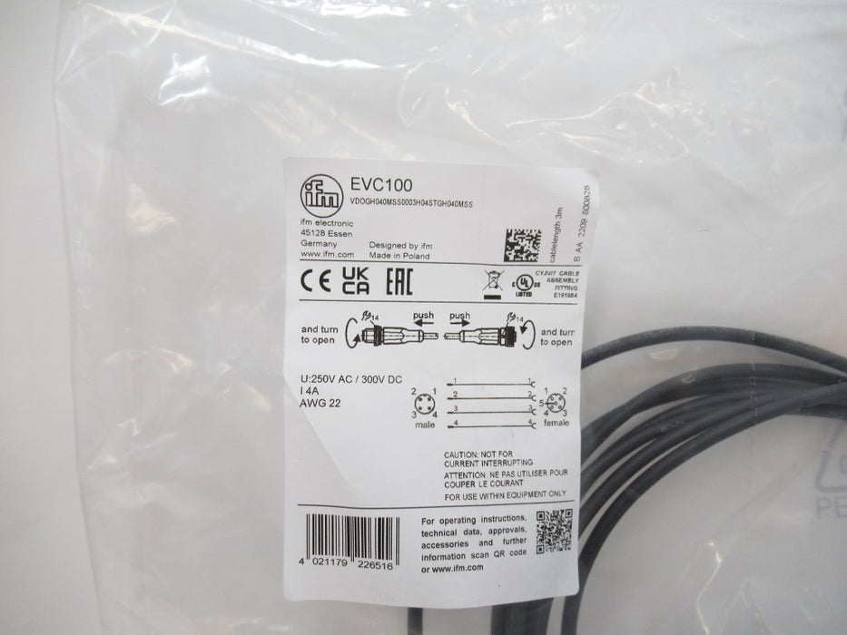 EVC100 Ifm Electronic Connection Cable 4-PIN, 3m, PUR, M12 Straight ...