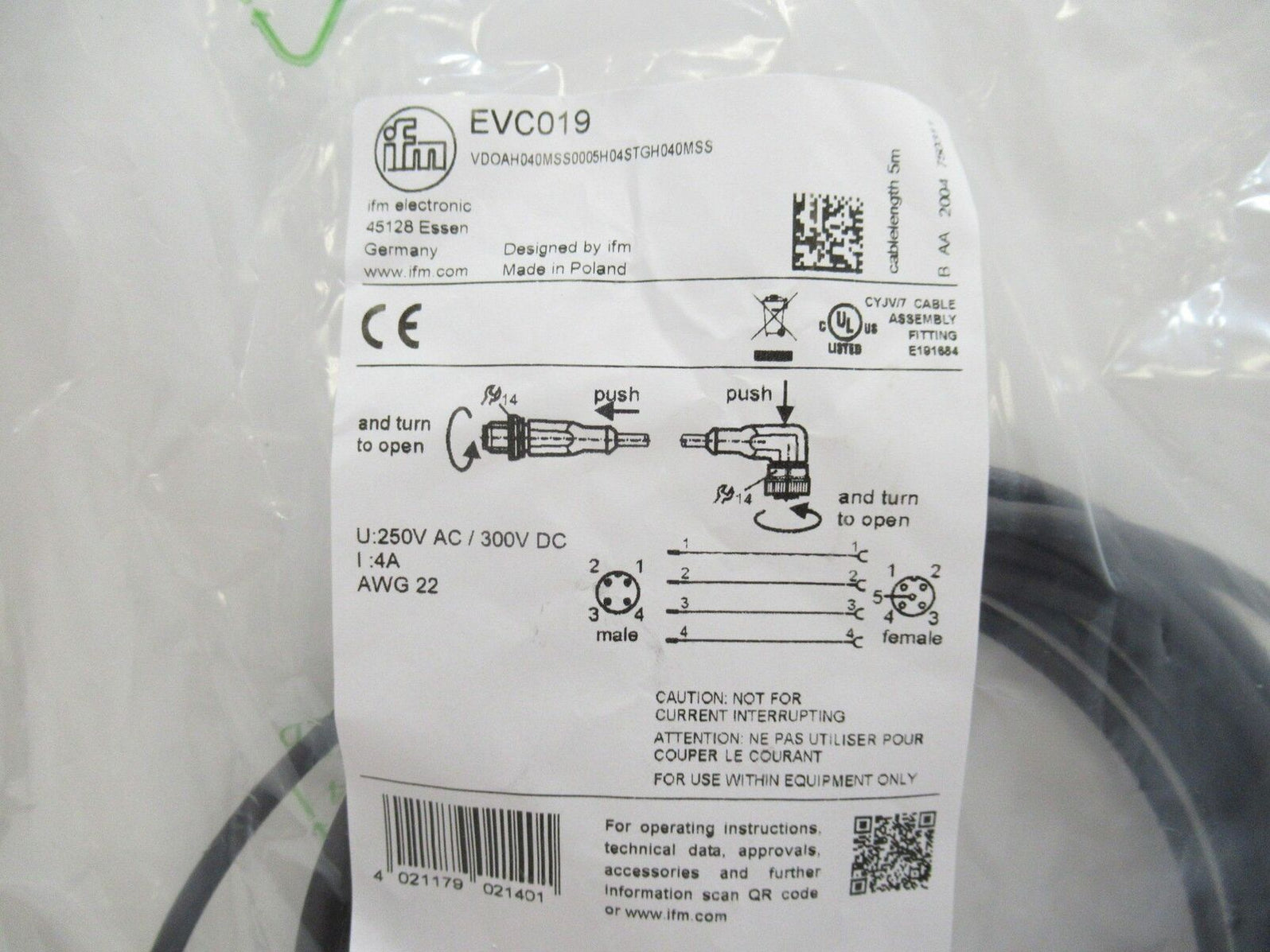EVC019 VDOAH040MSS0005H04STGH040MSS Ifm Electronic Connection Cable ...