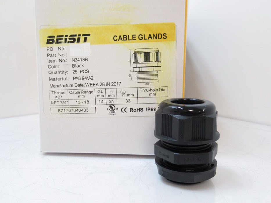 N3418B Beisit Cable Glands 3/4", NPT, Black, Cable Range 13-18 mm ...