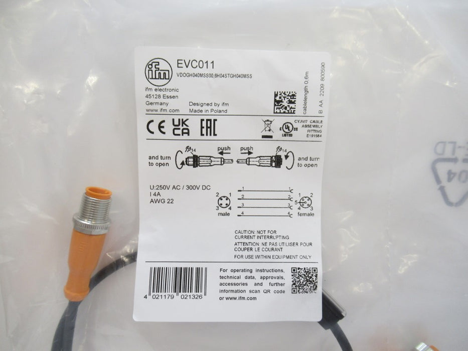EVC011 IFM Electronic Patchcord Straight Female To Male M12, AWG 22 ...